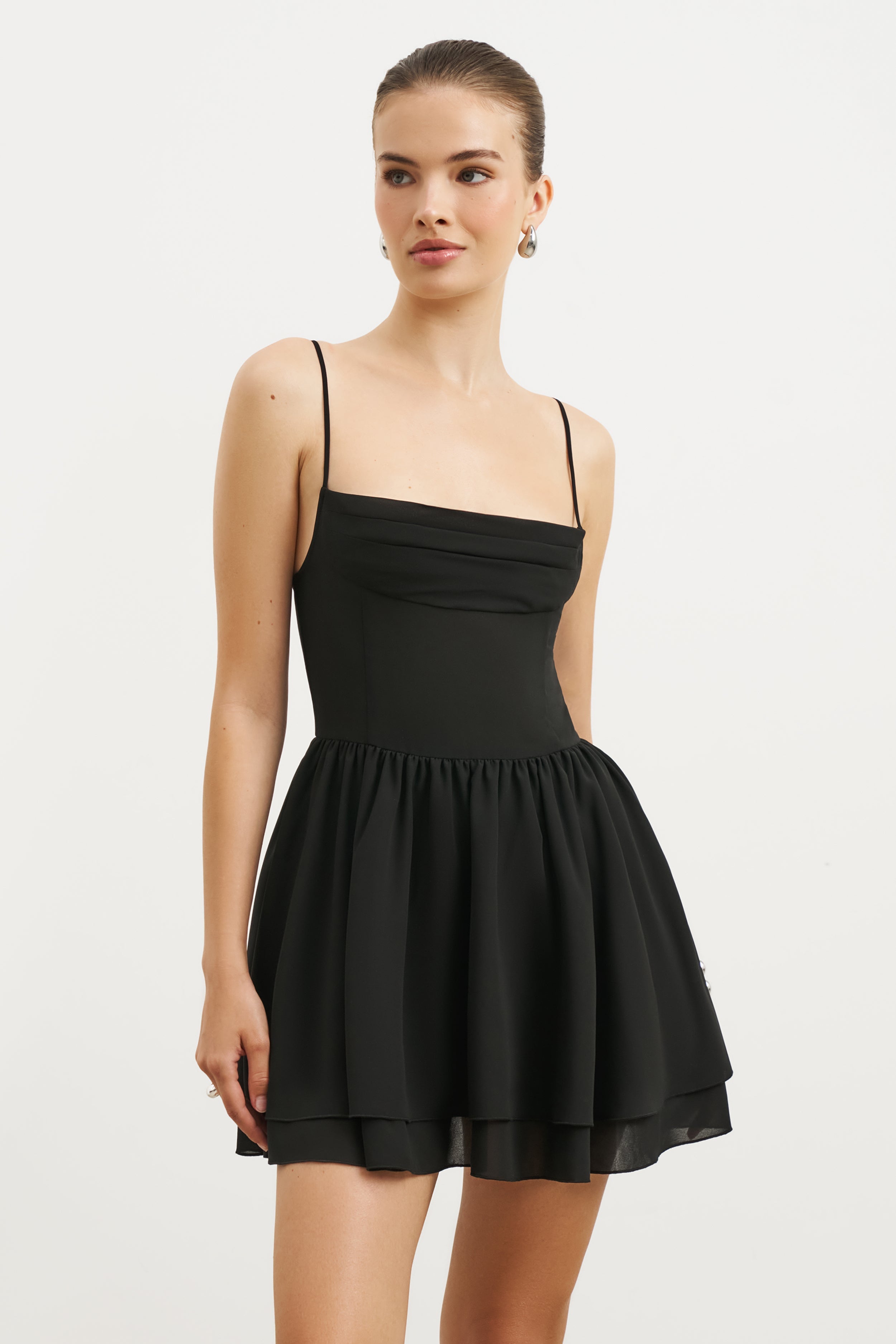 Chiffon Tiered Babydoll Mini Dress - Black | BOA