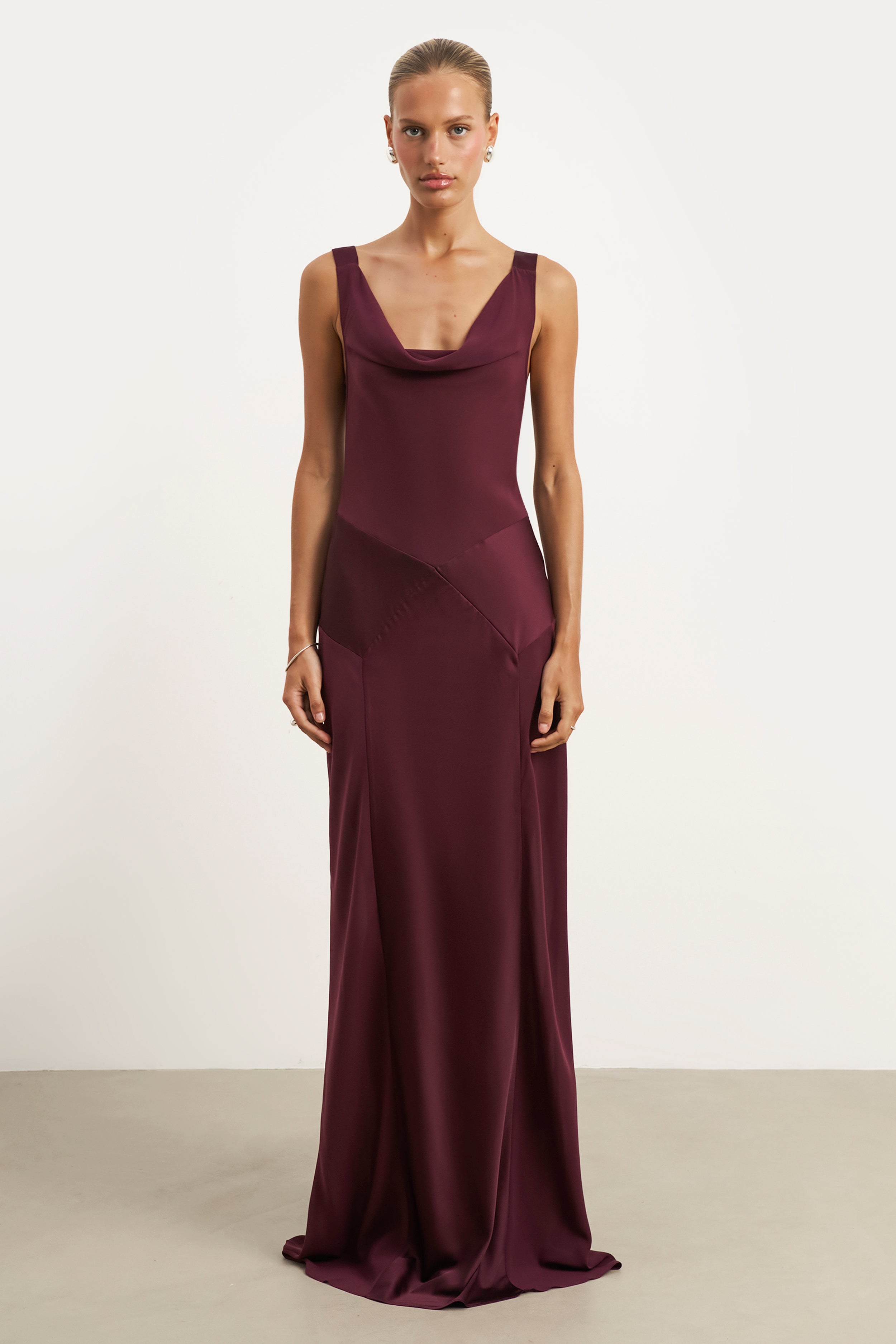 Cowl Neck Satin Panel Gown - Mulberry | BOA
