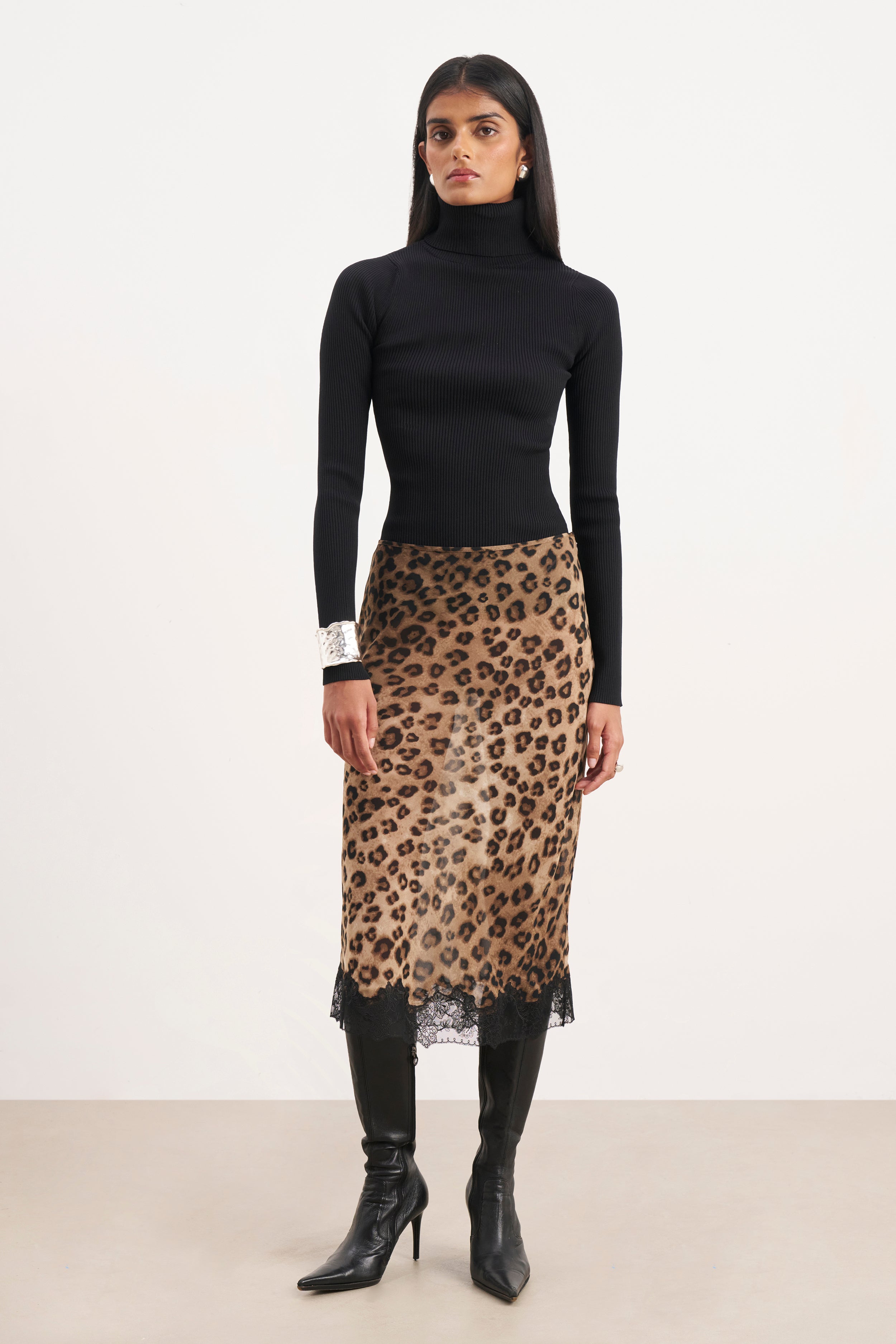 Chiffon Lace Detail Midi Skirt - Leopard Print | BOA
