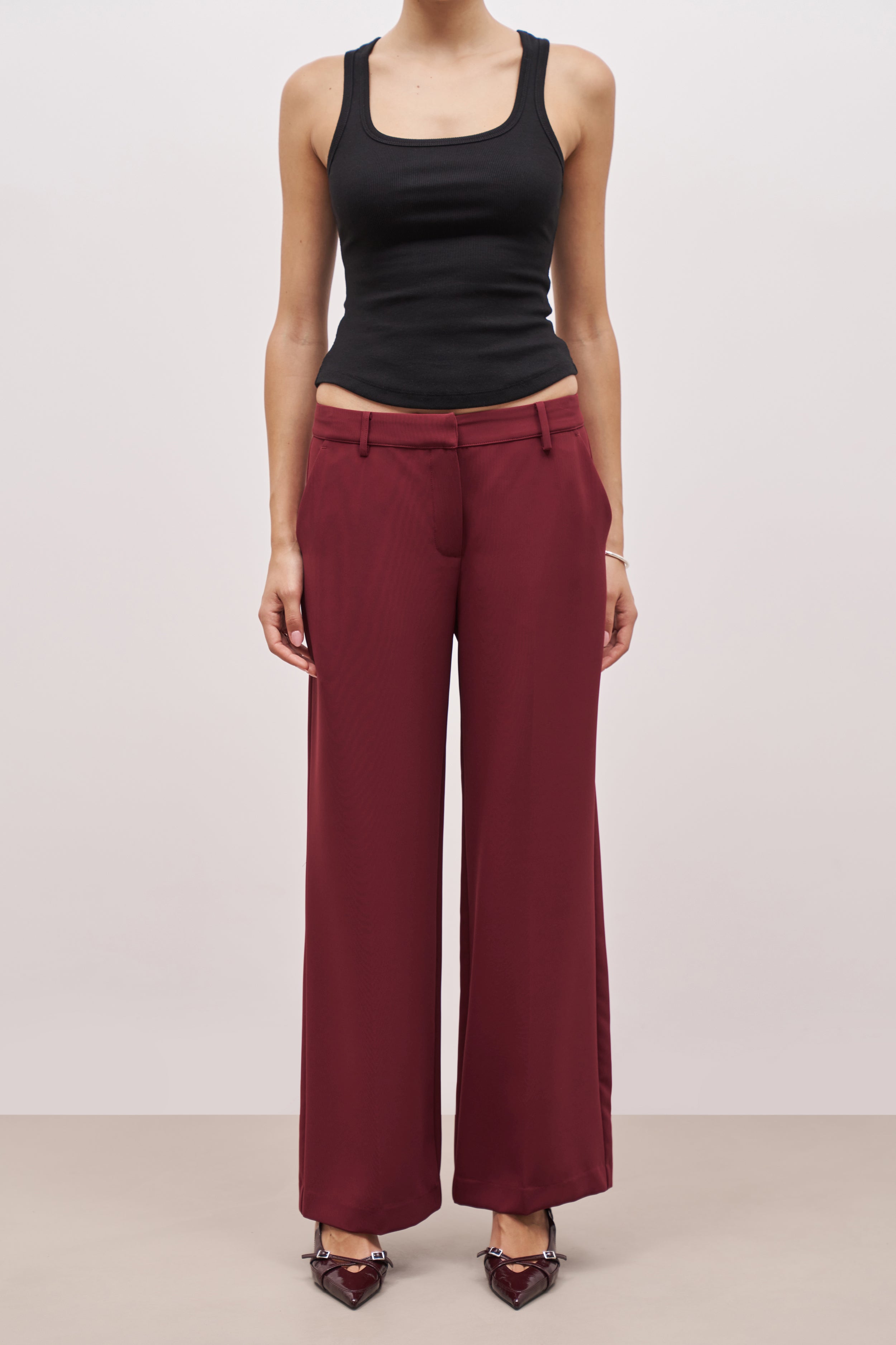 Draped Mid Rise Trousers - Burgundy | BOA